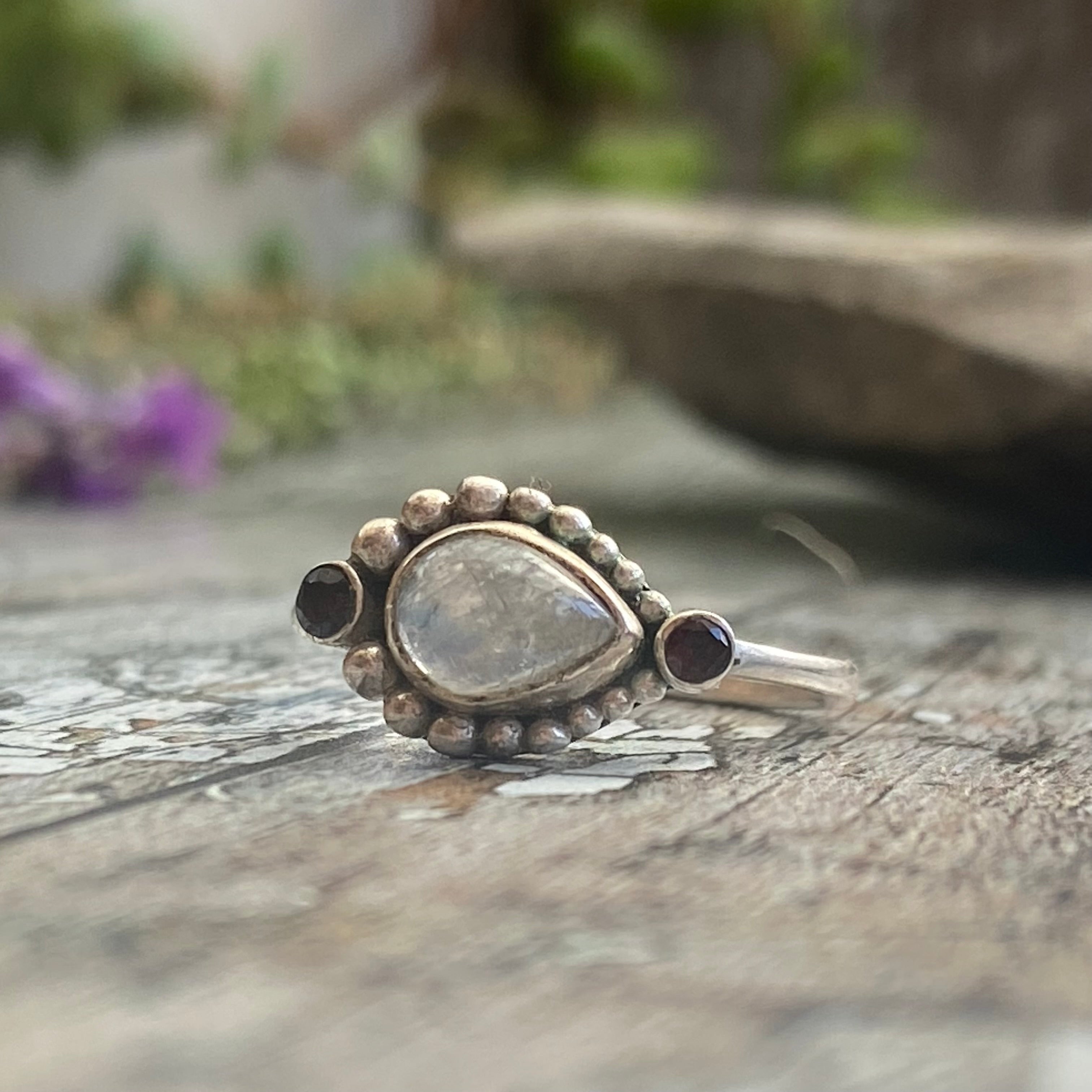 Moonstone Teardrop Ring with Garnet - M/N – ForageDesign
