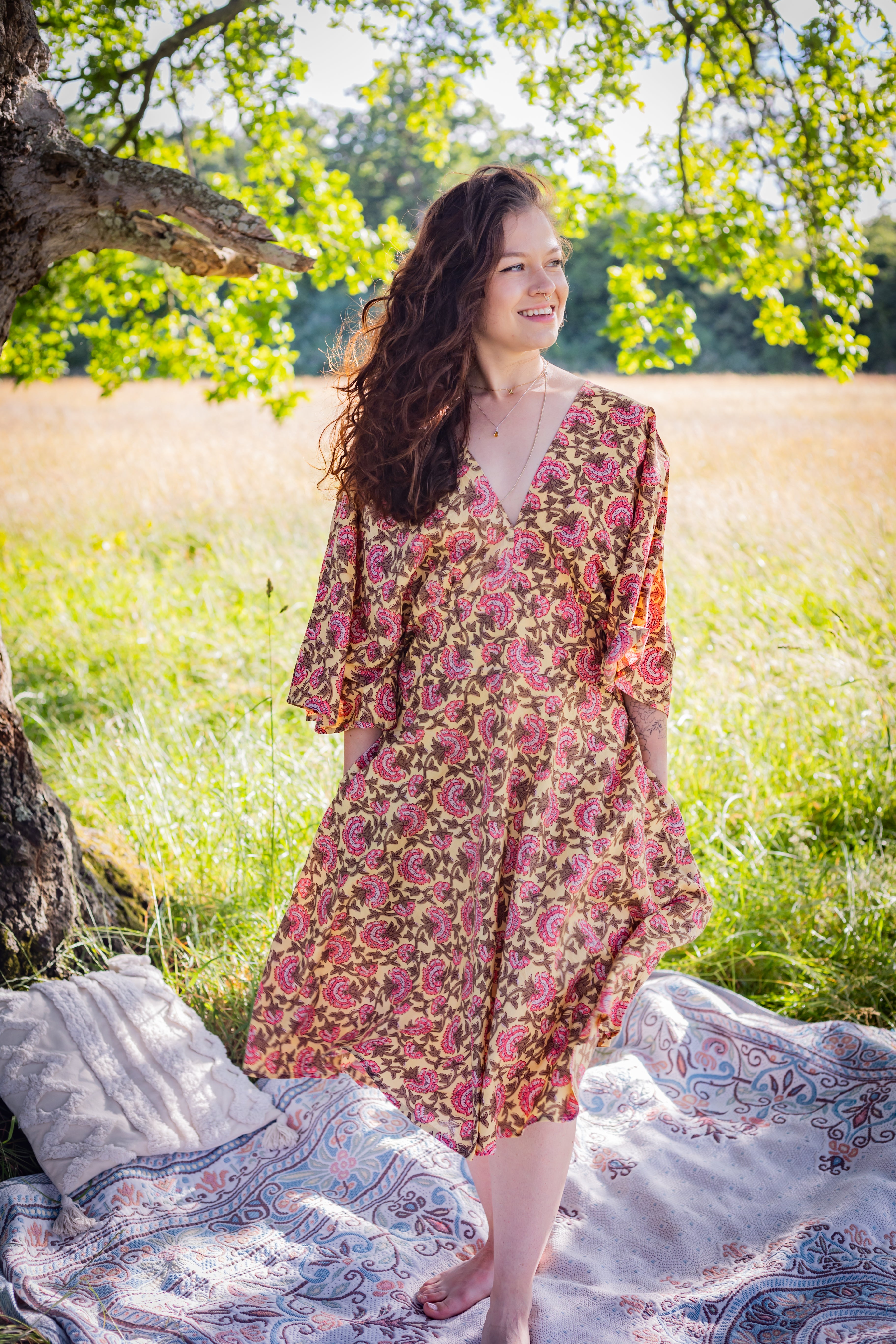 Thalia Dress | Block Print Cotton | Sunshine Peony – ForageDesign