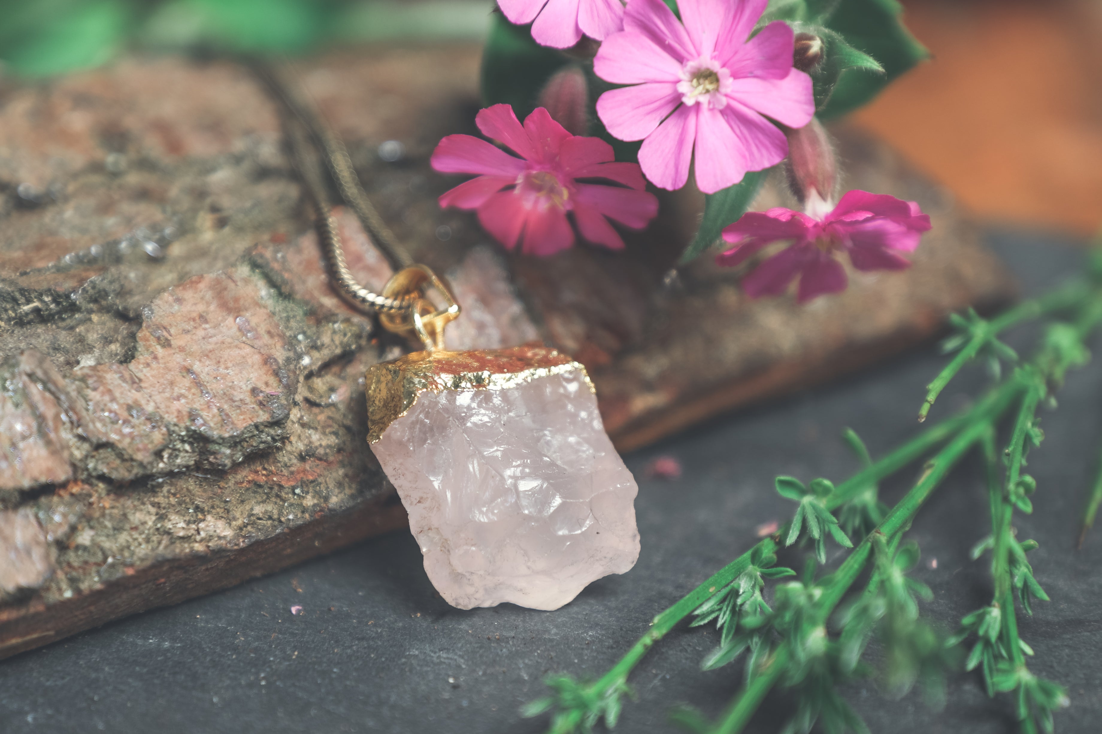 Raw Rose Quartz Gold Dipped Pendant – ForageDesign